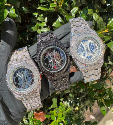 Men Full Iced Band Luxury Bling Skeleton Dial Simulated Diamond ...