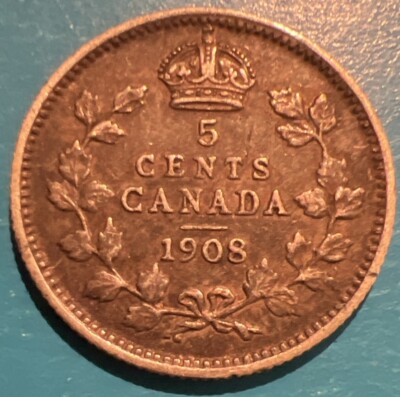 1908 large "8", VERY FINE + Canadian Five Cents Silver coin .925 Silver ...