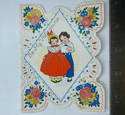 Vintage Valentine Greeting Card Girl Red Dress Androgynous Boy Double ...