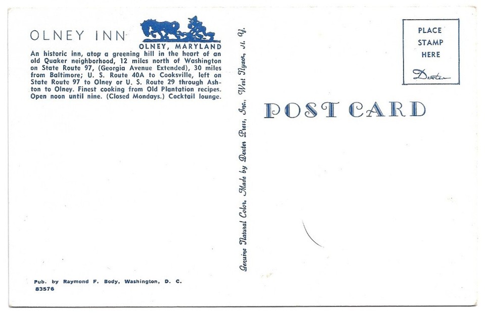 Historic Olney Inn Quaker Maryland Restaurant & Cocktail Lounge 1950s ...
