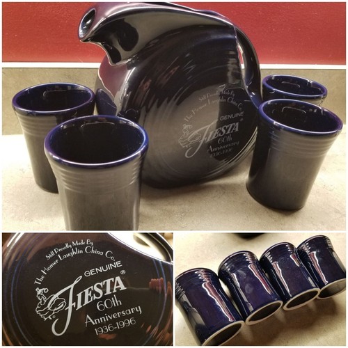 Fiesta Cobalt Blue Pitcher (60th Anniversary 1936 - 1996) and 4 Cups ...