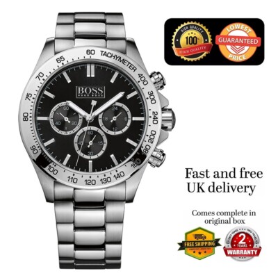 NEW HUGO BOSS 1512965 MEN'S STAINLESS STEEL SILVER STRAP & BLACK DIAL ...