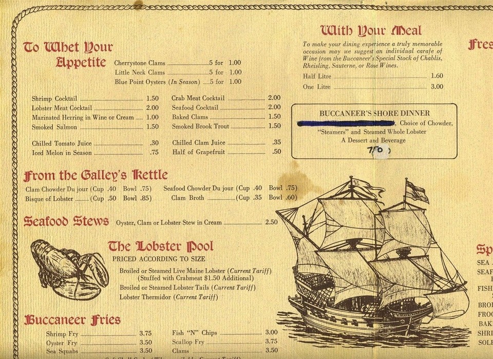 The Buccaneer Restaurant Menu Van Wyck Road Blauvelt New York 1970's | eBay