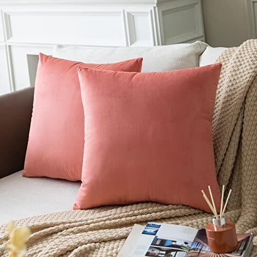 Set of 2 Colored Solid Velvet Throw Pillow 18"x18", 2 Pieces Salmon ...