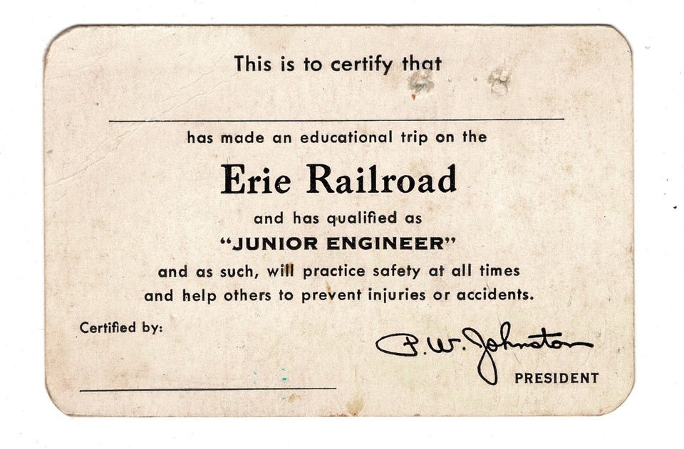 1950s Erie Raiload RR Junior Engineer Card License Certificate EMD F7 ...