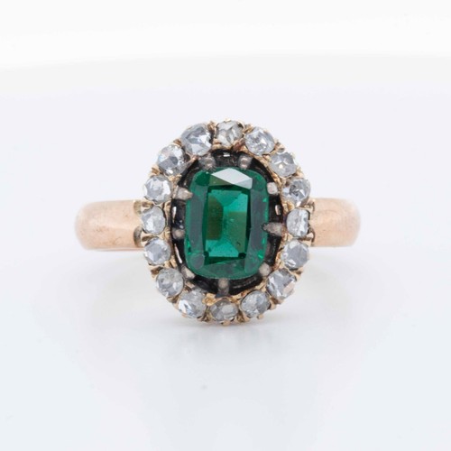 Antique 10k Gold Synthetic Green Stone & Rough Cut Diamond Halo Ring 1 ...