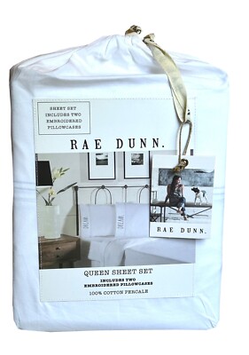 Rae Dunn Queen Sheet Set White DREAM Embroidered Pillowcases 100% ...