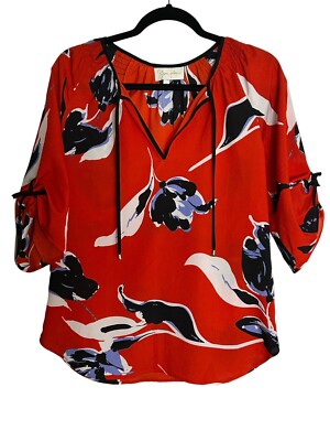 NEW Yumi Kim Top Red Tulip Splash Key Hole Tie Tunic Blouse Sz XS ...