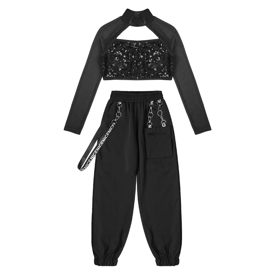 Kids Girls Dancewear Sequins Dance Crop Top with Cargo Jogger Pants Set ...