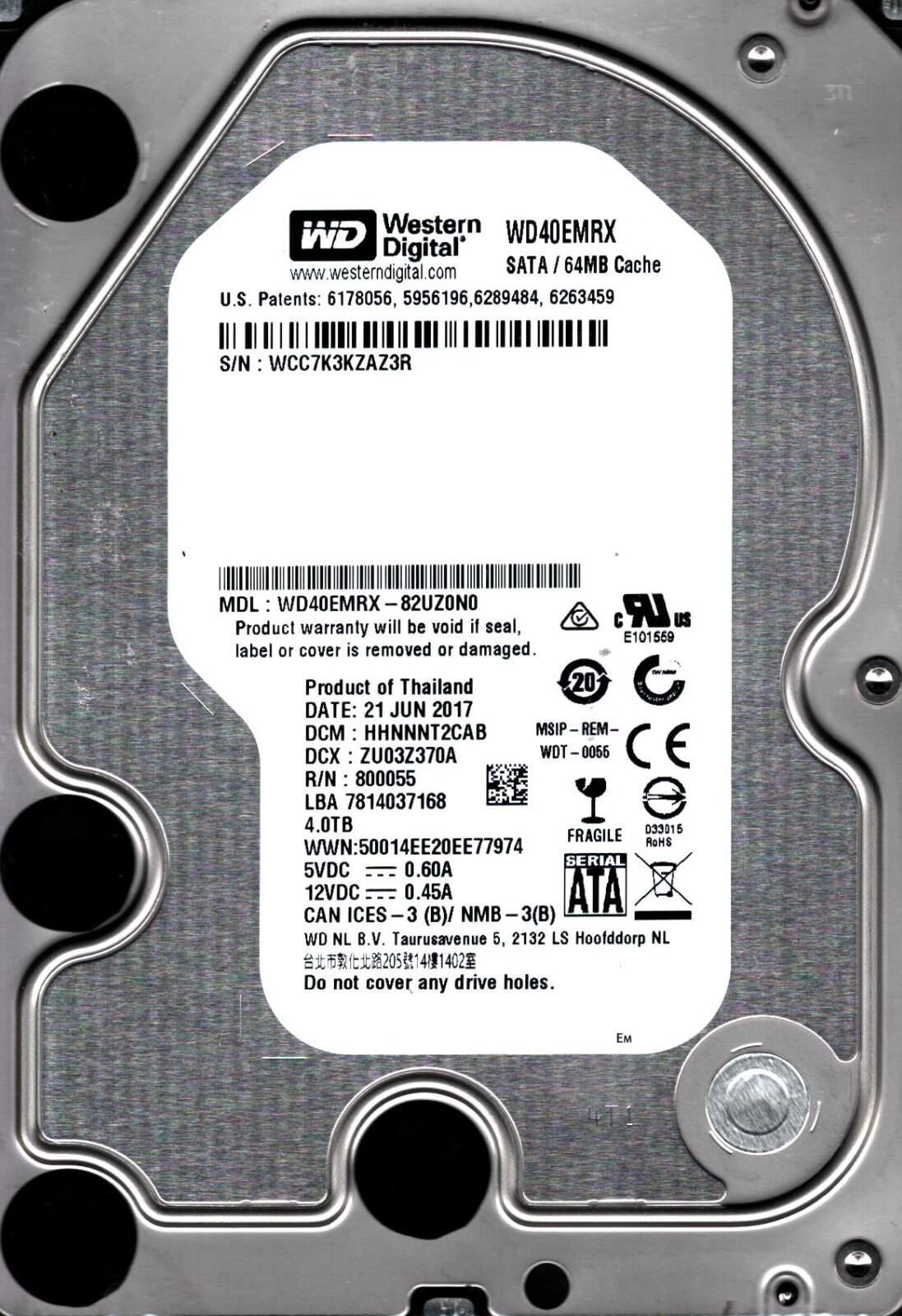 WD40EMRX-82UZ0N0 S/N: WCC7K DCM:HHNNNT2CAB WESTERN DIGITAL 4TB THAILAND ...
