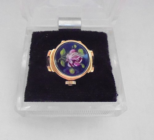 Vintage BUCHERER PLAQUE G10 Enamel Flowers Hidden WATCH RING 17 Jewels ...