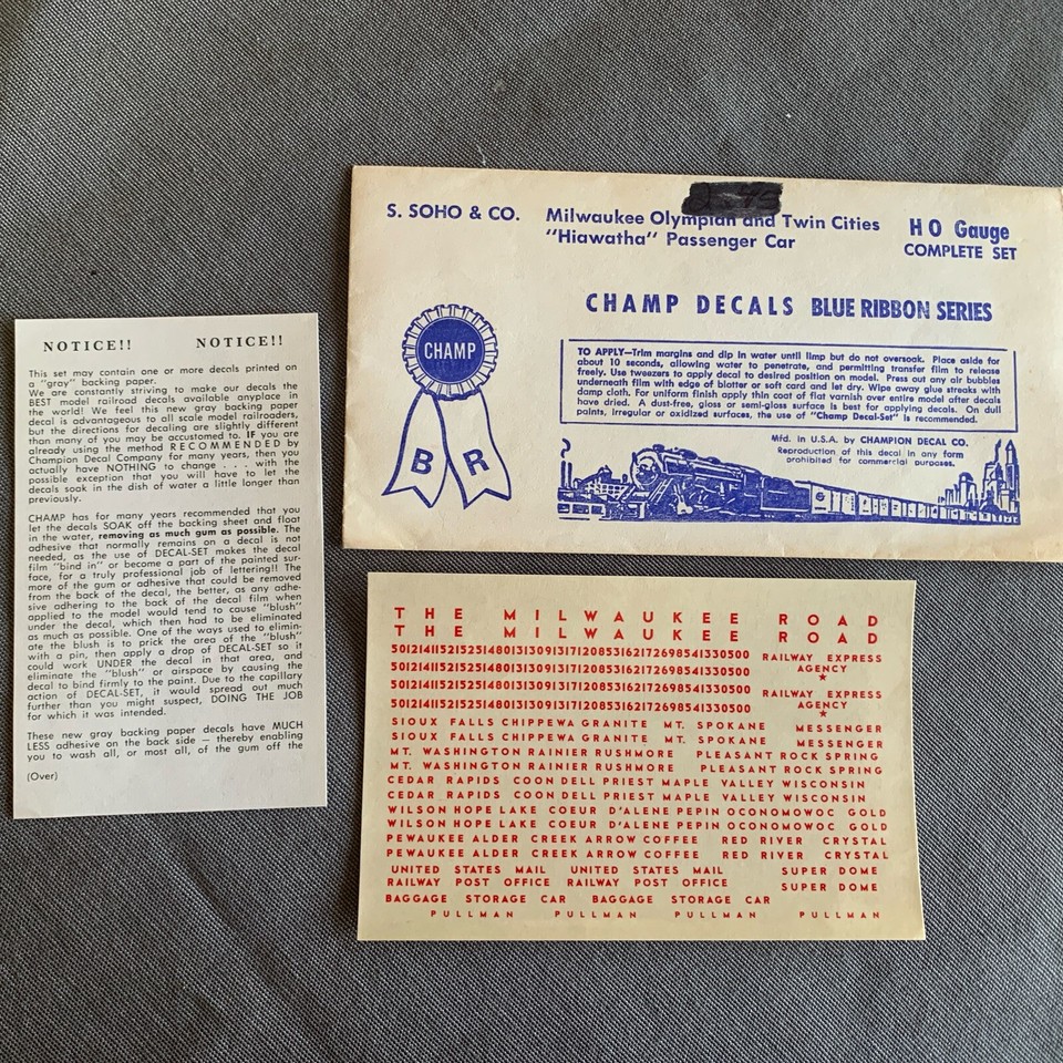 Champ Decals HO Scale Milwaukee Olympian Twin Cities Hiawatha Passenger ...