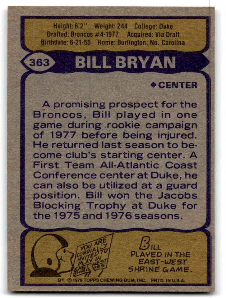 1979 Topps Football Card Bill Bryan Rookie Denver Broncos #363 | eBay