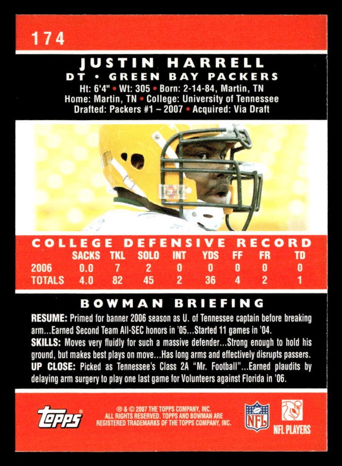 Justin Harrell 2007 Bowman Rookie Card #174 Green Bay Packers | eBay