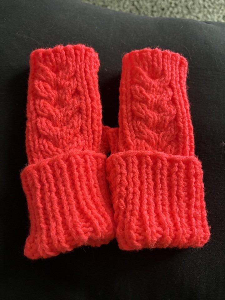 Hand Knit Ladies Fingerless Gloves In Bright Neon Orange | eBay UK