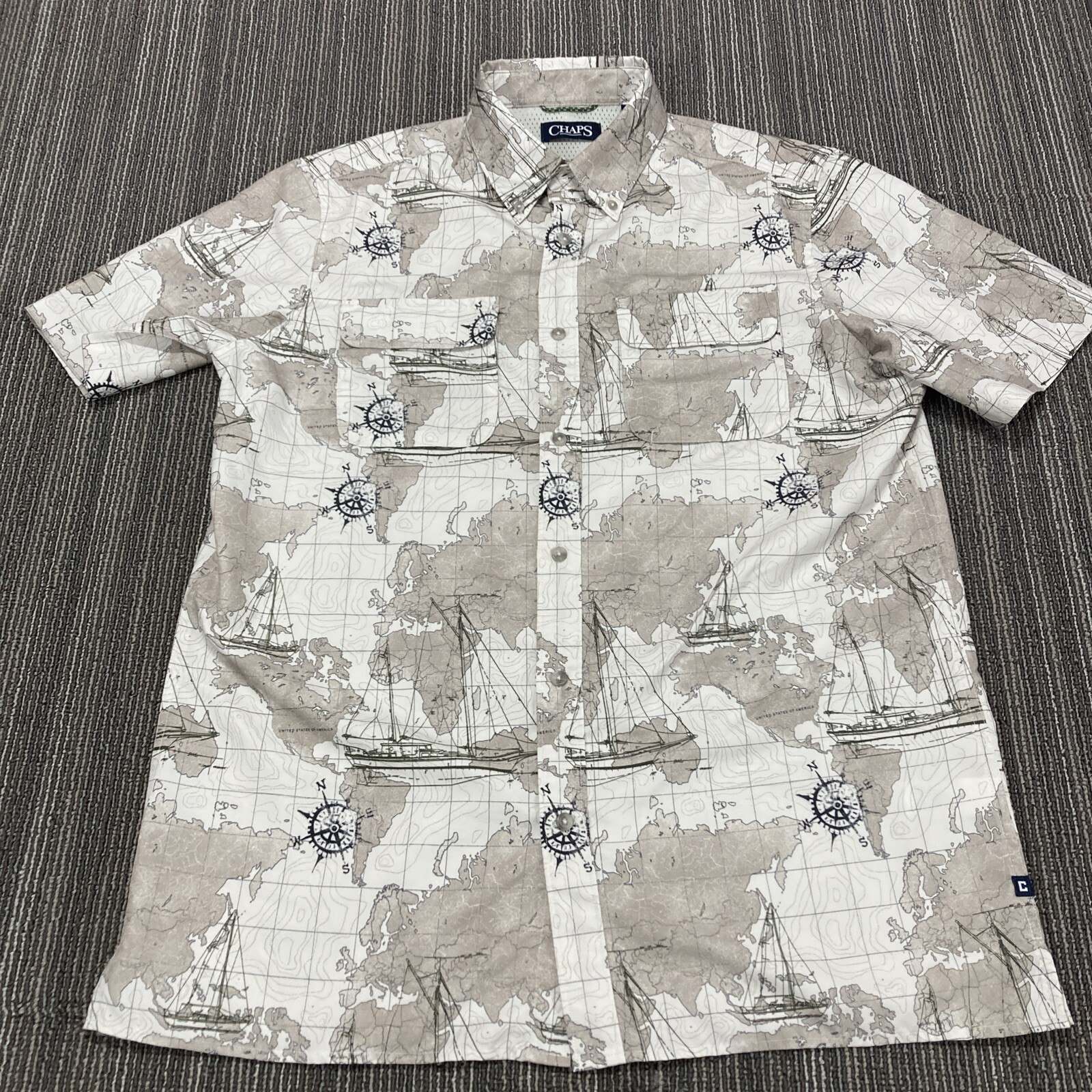 Chaps Fishing Shirt Men's Medium Beige Map Vented Breathable Camp ...