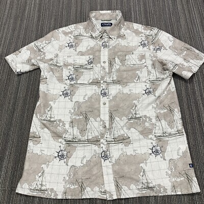 Chaps Fishing Shirt Mens Medium Beige Map Vented Breathable Nautical ...