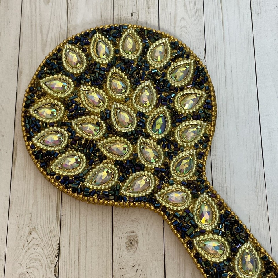 Small Indian Blue Gold Beaded & Glass Stones Jewels Hand Held Round ...