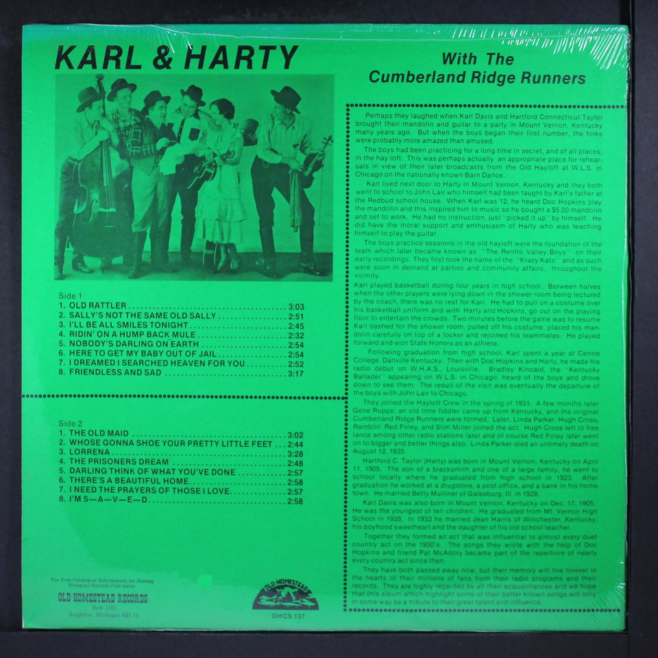 KARL & HARTY: with the cumberland ridge runners OLD HOMESTEAD 12" LP 33 ...