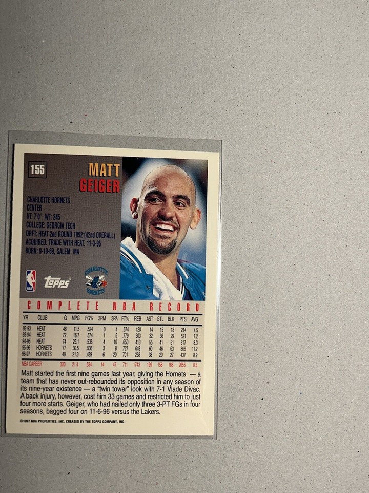 1997 NBA Properties Topps Charlotte Hornets Basketball Card #155 Matt ...