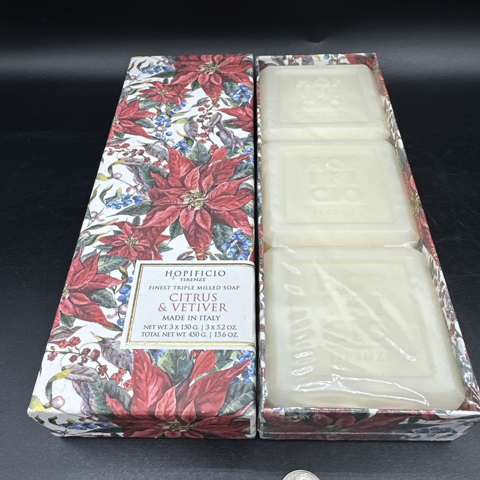 HOPIFICIO Firenze Citrus & Vetiver Box of 3 Triple Milled Soaps 3 x 5.2 ...