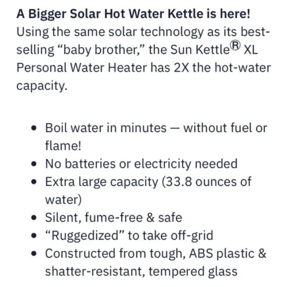 4Patriots Sun Kettle XL Solar Cooker Boil Water Heater 33.8oz Latest ...