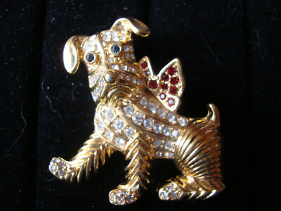 Vtg KJL Kenneth Lane Gold Tone Rhinestone Dog Terrier w/ Bow Pin Brooch ...
