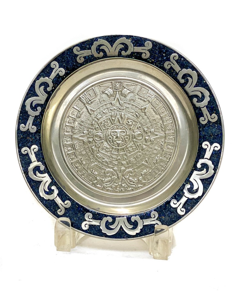 Pair Mexico Alpaca Metal and Lapis Stone Aztec Calendar Round Plates | eBay