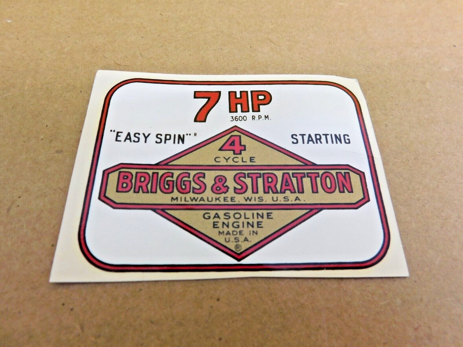 VINTAGE BRIGGS & STRATTON STICKER DECAL 7 HP "EASY SPIN" 4 CYCLE ...