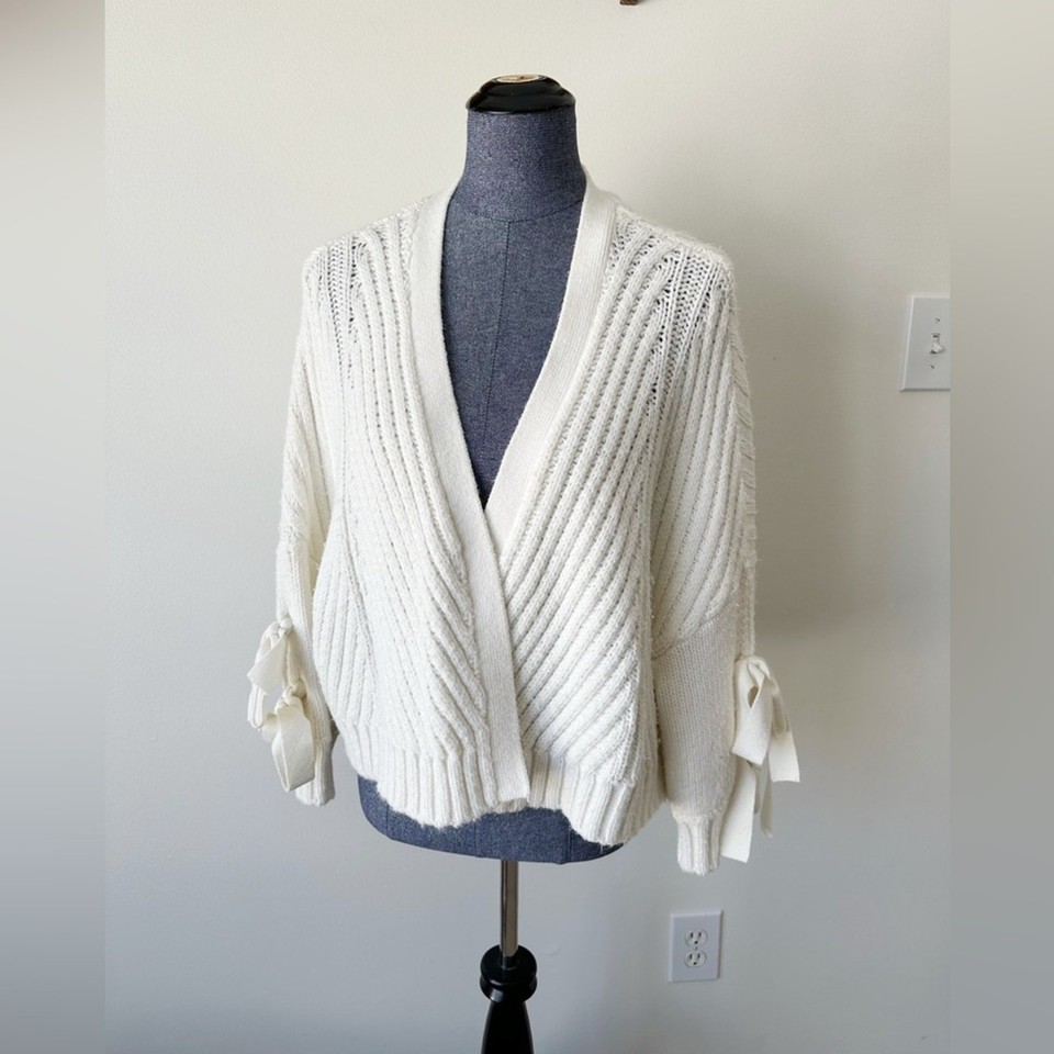 Anthropologie Maeve Bow Balloon Sleeve Open Front Cardigan Sweater ...