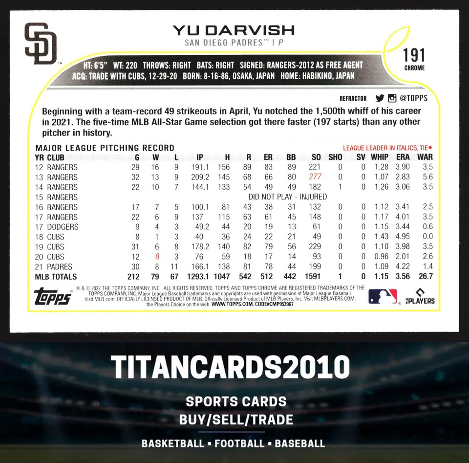 Yu Darvish 2022 Topps Series 2 Refractor San Diego Padres #309 | eBay