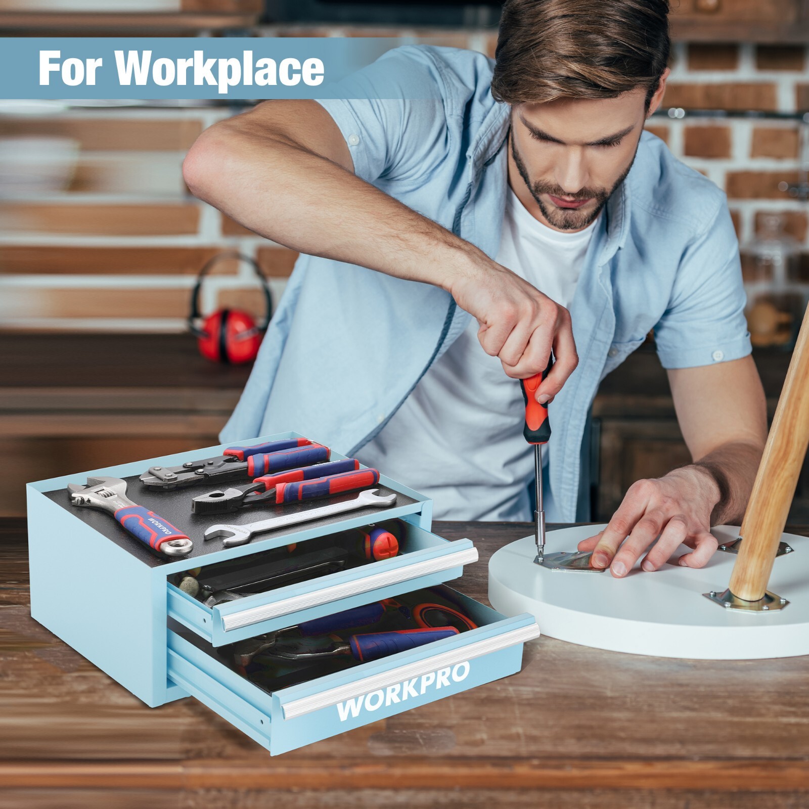WORKPRO 12.5" Mini Tool Box with 2 Drawers & 1 Open Top Storage Macaron ...