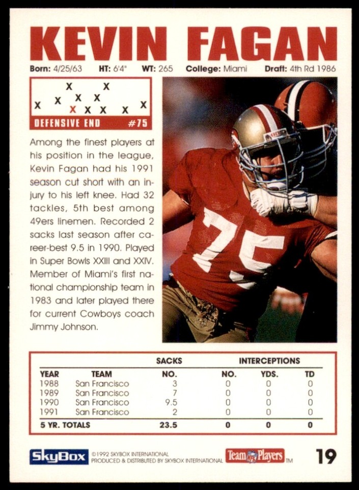 1992 SkyBox Impact #19 Kevin Fagan 49ERS | eBay