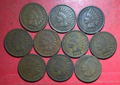 1899-1908 US Indian Head Cents Collection of 10 Different Coins! Old US ...