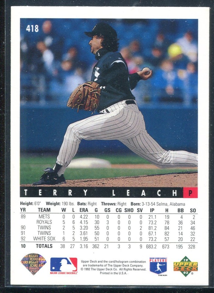 1992 Upper Deck Baseball Terry Leach #418 Chicago White Sox | eBay