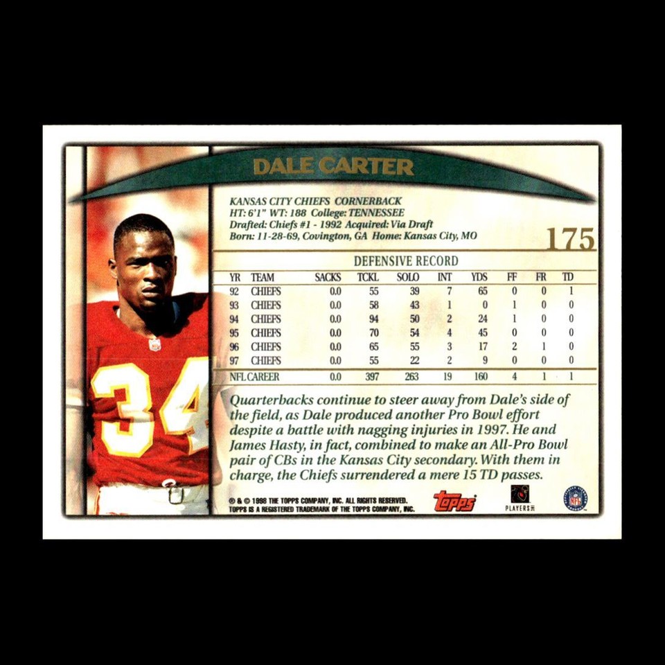 Dale Carter 1998 Topps Kansas City Chiefs #175 R323I 80 | eBay