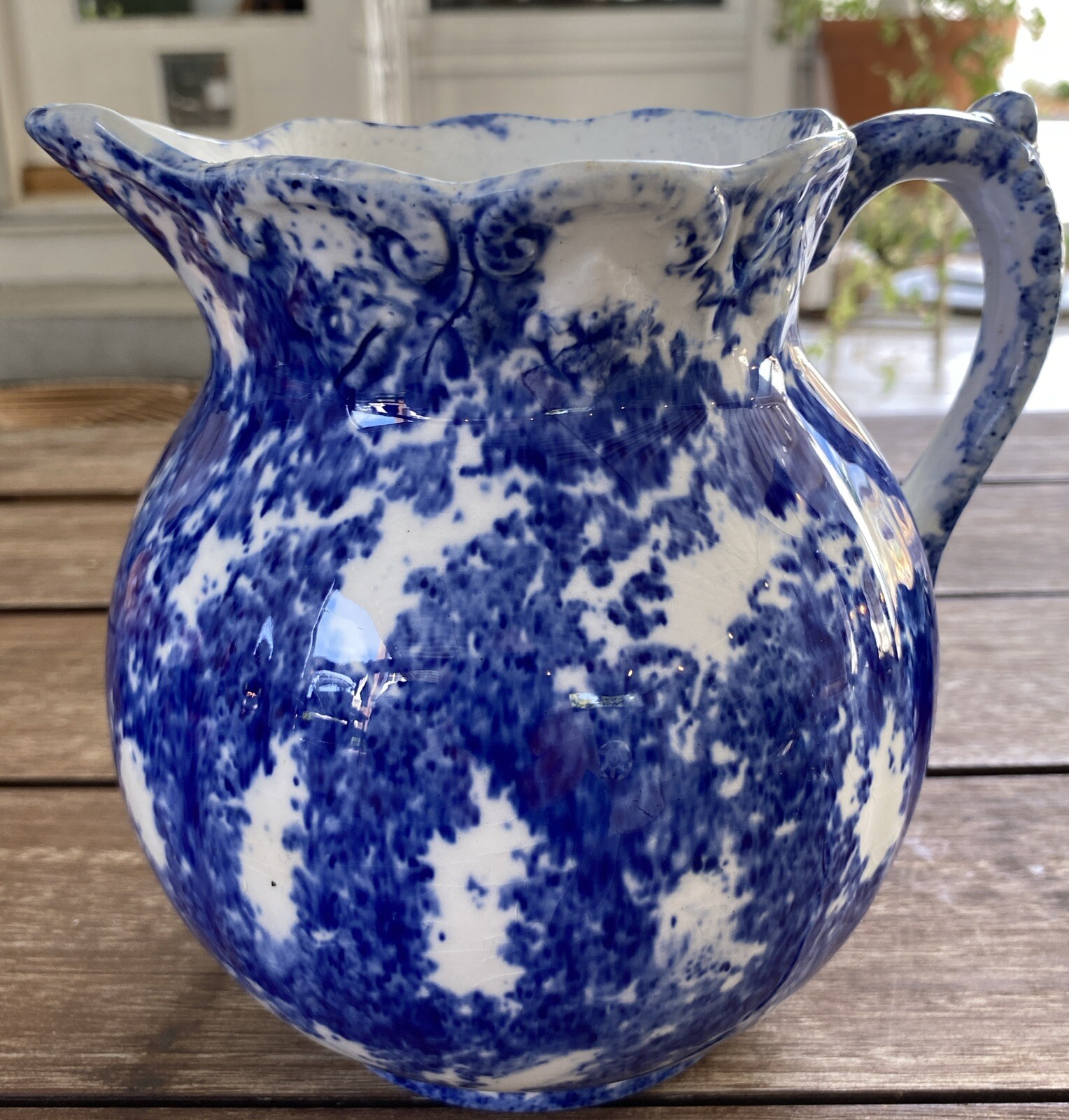 7" Spongeware Blue & White Pitcher Scalloped Edge Antique | eBay