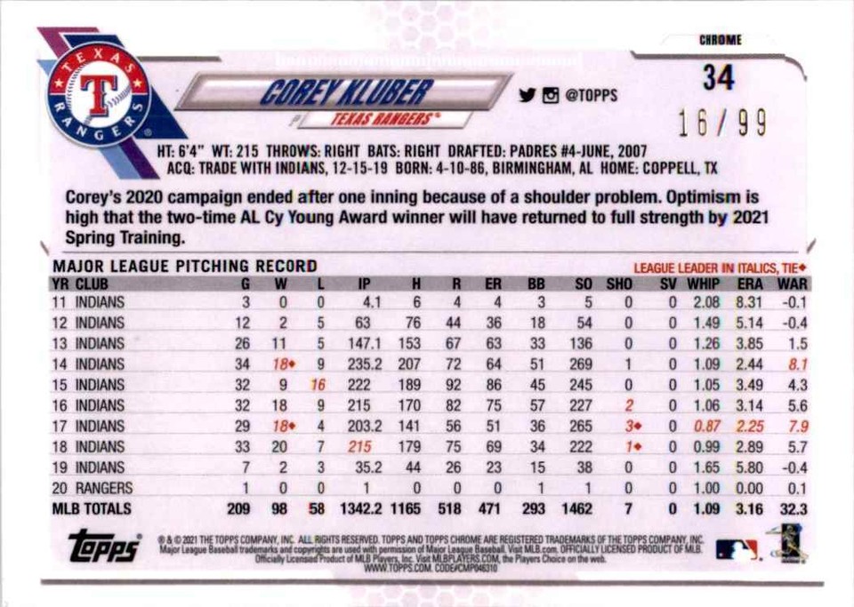 2021 Topps Chrome Green /99 Corey Kluber Texas Rangers #34 | eBay