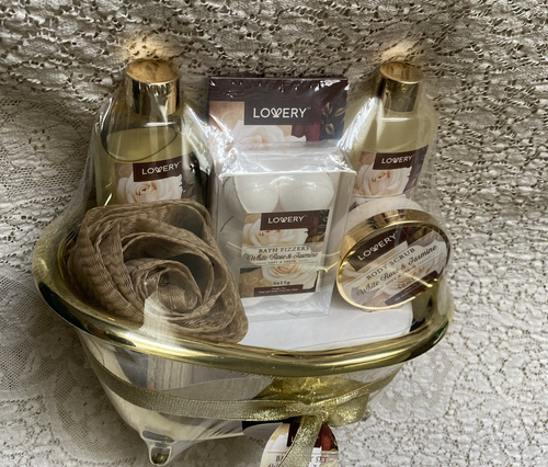 NEW Lowery Bath Gift Set White Rose Jasmine Body Scrub Fizzers Puff ...