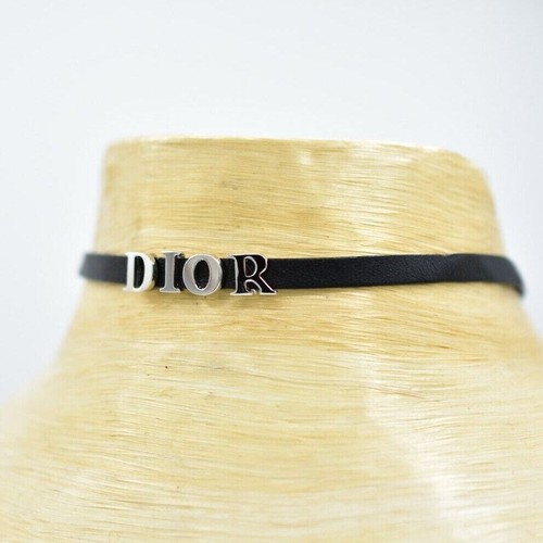 Christian Dior Vintage Logo Choker Necklace Black Leather Silver Signed ...