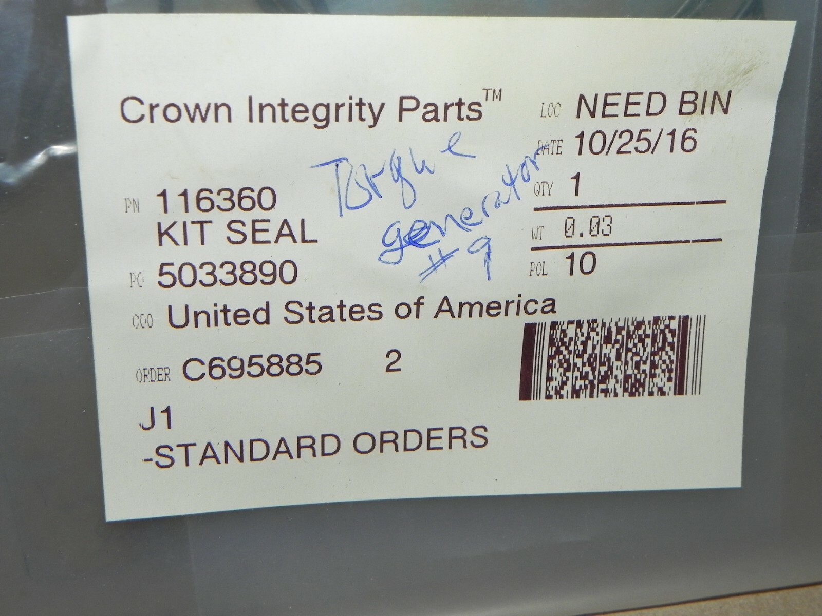 CROWN Integrity fork lift Part #116360 Seal kit TORQUE GENERATOR for ...