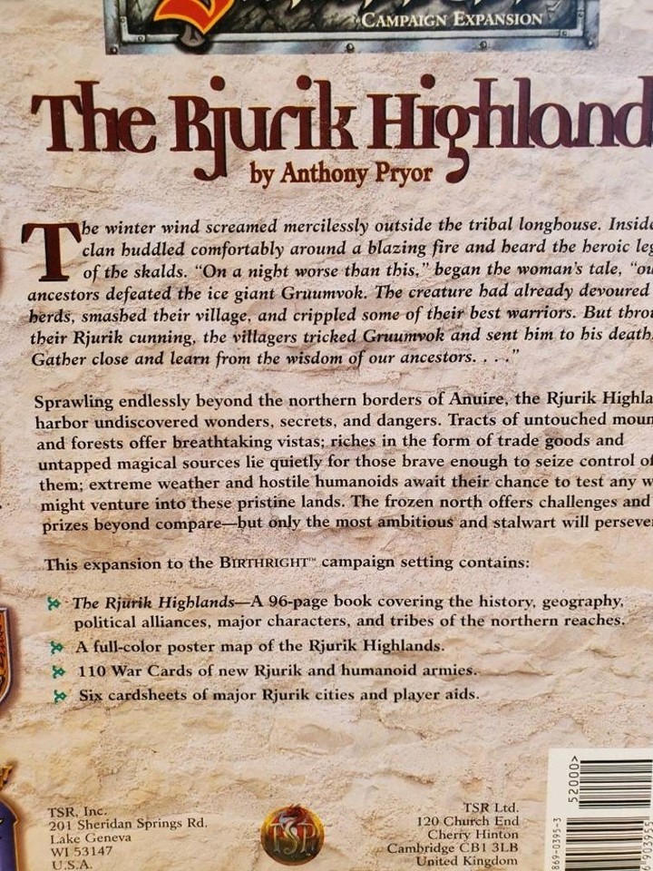 TSR 3121 Birthright The Rjurik Highlands Advanced Dungeons and Dragons ...