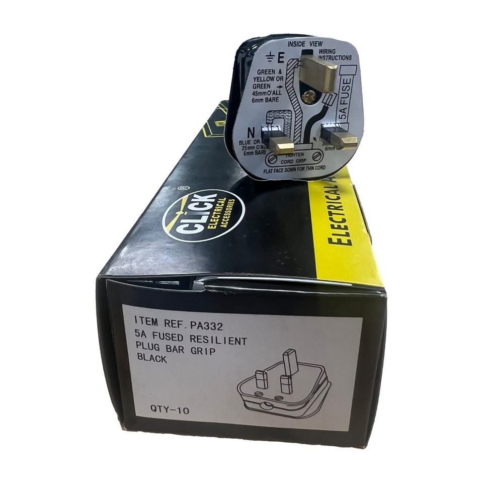 5 Amp Plug Tops Black Fused 3 Pin Electrical Household Mains - Pack of ...
