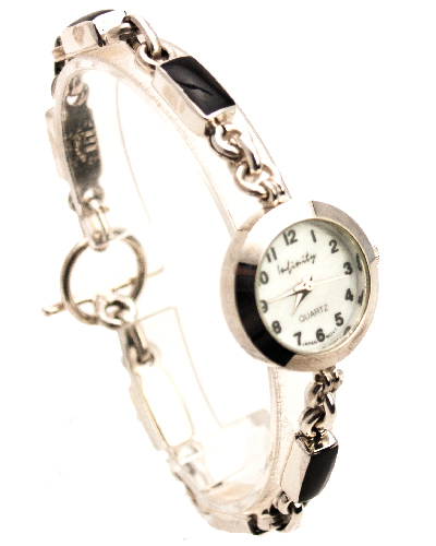 INFINITY: WOMENS STERLING SILVER 925 BLACK ENAMEL LINKS ANALOG QUARTZ ...