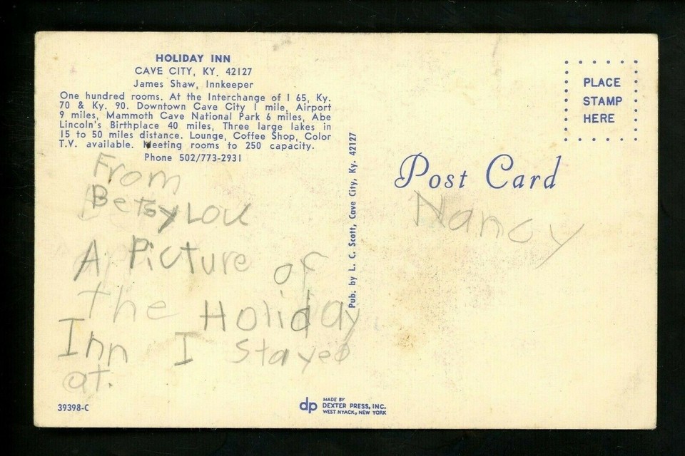 Holiday Inn Motel Hotel Postcard Kentucky KY Cave City concept soiled ...