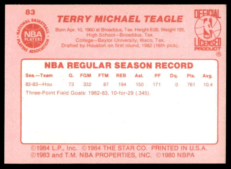 1983-84 Star #83 Terry Teagle RC Rookie Rockets | eBay