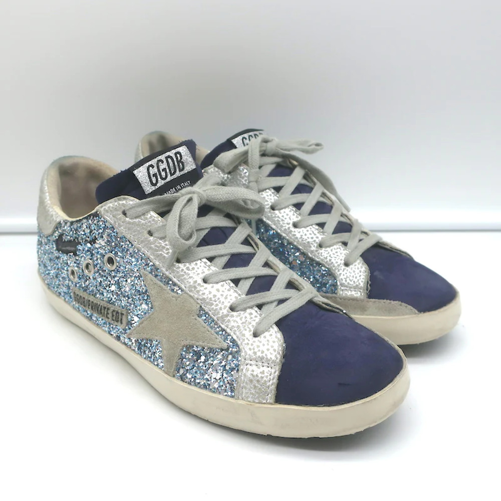 Golden Goose Superstar Glitter Sneakers Blue Suede & Silver Leather Size 38