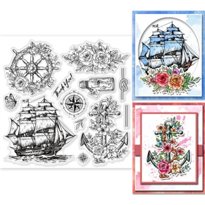 SHIP Clear Stamps - 15 x 15cm - Flower, Anchor, Rudder, Bottle, Rope ...