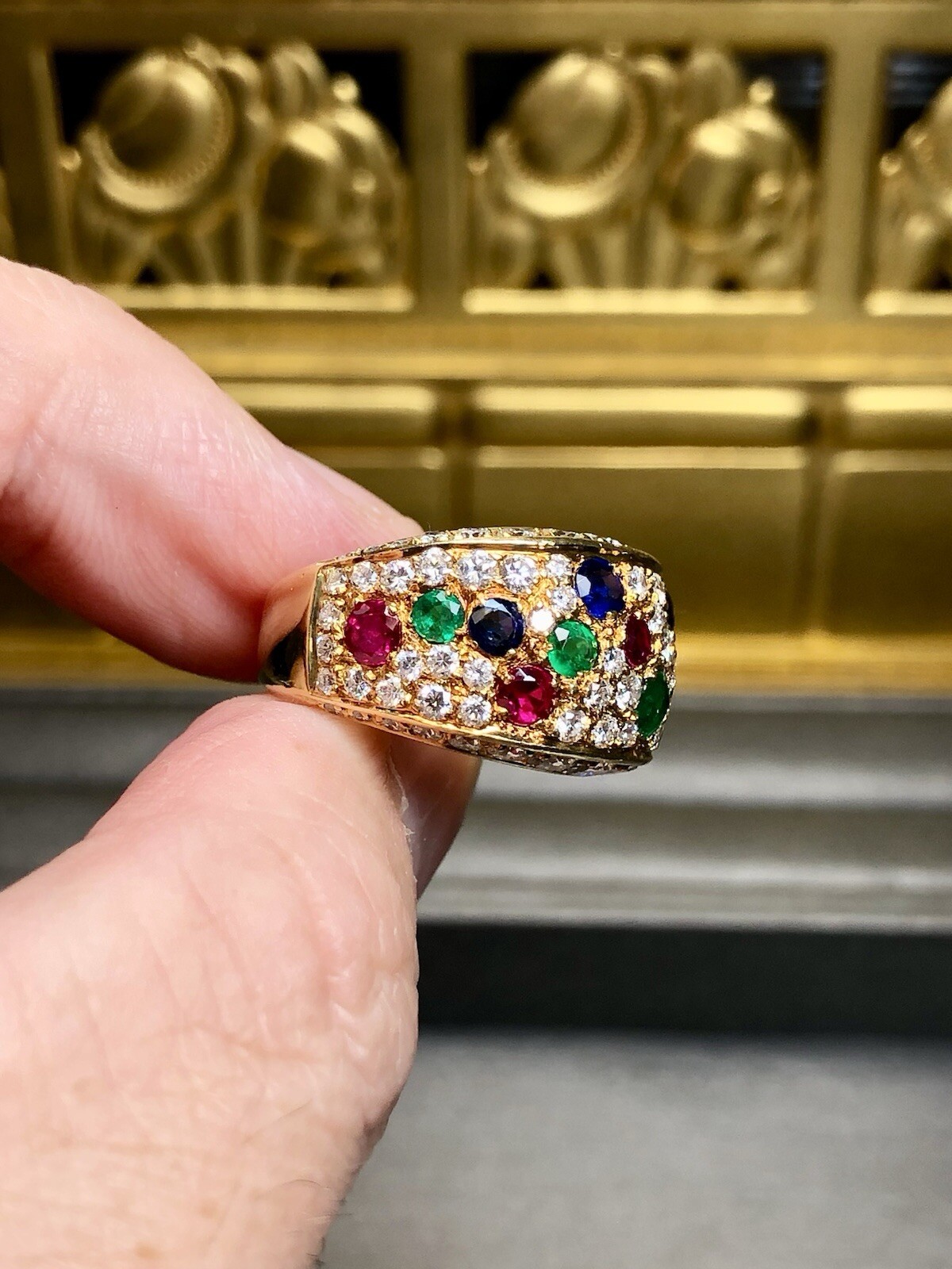 Estate 18K Yellow Gold Pave Diamond Ruby Sapphire Eme… - Gem