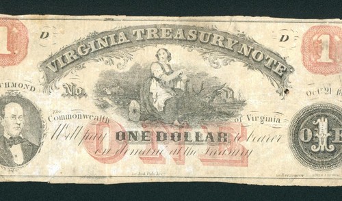 $1 1862 Virginia Treasury Note - Commonwealth Obsolete Banknote ...